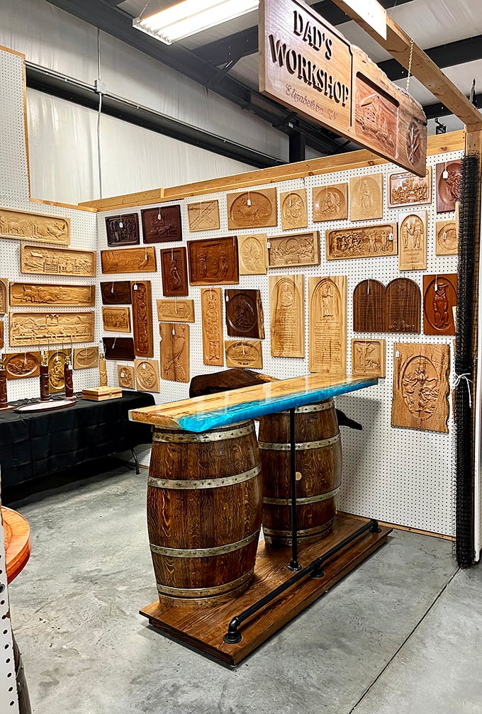 "Dad's Workshop" showcases handcrafted wooden art pieces and a stunning barrel table that whispers stories of Tennessee craftsmanship.