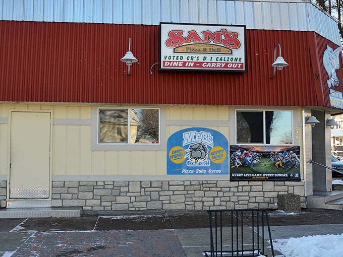 Sam's vibrant exterior brings a pop of color to Cedar Rapids, much like their legendary calzones bring pops of flavor.