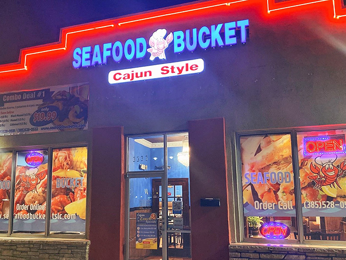 Seafood Bucket: Where neon dreams and Cajun screams collide. It's like Mardi Gras decided to open a seafood joint in Utah.