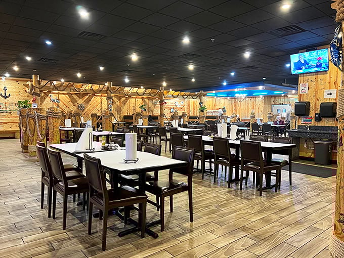 LA Juicy Seafood: "Wooden walls, seafood hauls! Dive into boils so good, you'll think the Mississippi turned into an ocean overnight."