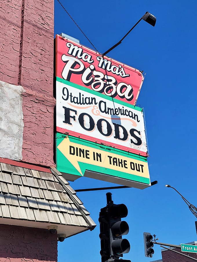 Mama's Pizza exterior: Red and white checkers, just like the tablecloths inside. It's a time machine disguised as a pizzeria.