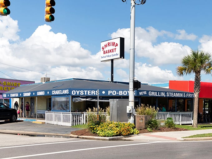 Blue and white exterior, shrimp on the sign &ndash; The Shrimp Basket doesn't beat around the bush. Or the ocean. It's seafood, front and center!