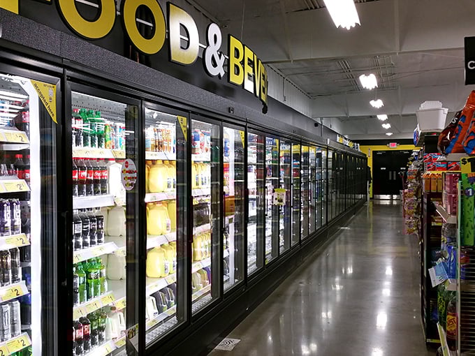 The refrigerated section stretches like a cold horizon of possibilities, with enough beverage options to quench the thirst of an entire little league team.
