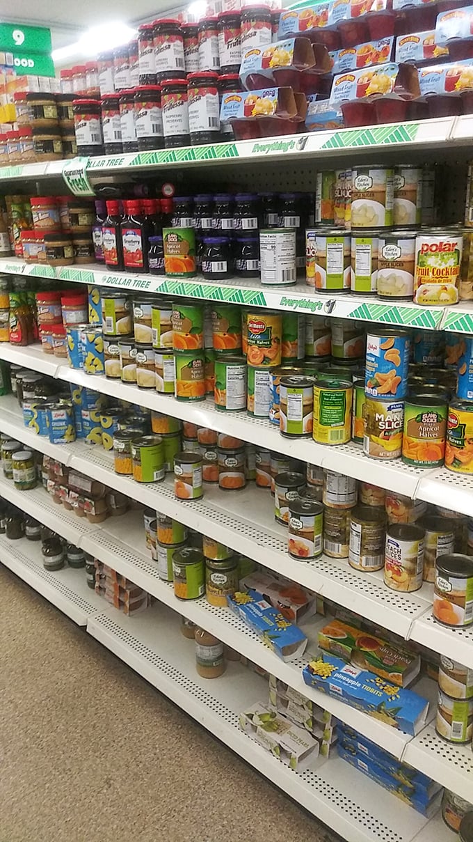 Canned goods galore! From fruit cocktails to mystery meats, these shelves are stocked with enough preservatives to survive the apocalypse. Doomsday preppers, rejoice!