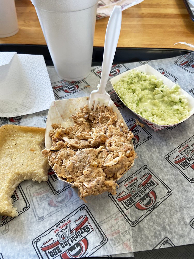 The ideal tray doesn't exi&mdash;wait, there it is: chopped pork with bits of crackling skin, vinegar slaw, and cornbread that's practically pork cake.
