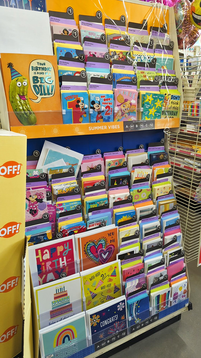 Greeting card nirvana where $1 buys sentiments that Hallmark would charge you $7 for. Birthday pickle never looked so good!