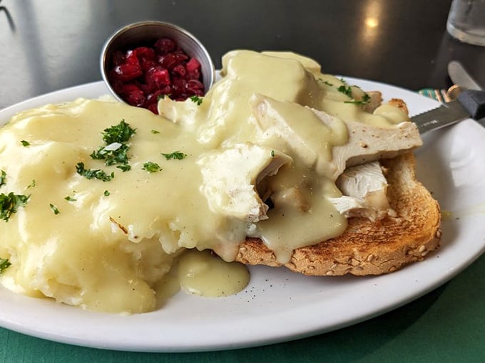 Turkey dinner with all the fixings isn't just for Thanksgiving when Miss Katie's serves this cloud of mashed potatoes and gravy any day you need comfort.