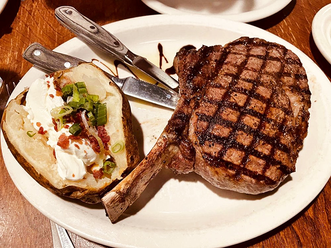 The Tomahawk steak that makes vegetarians question their life choices. Those grill marks aren't just technique&mdash;they're the signature of a kitchen that means business.
