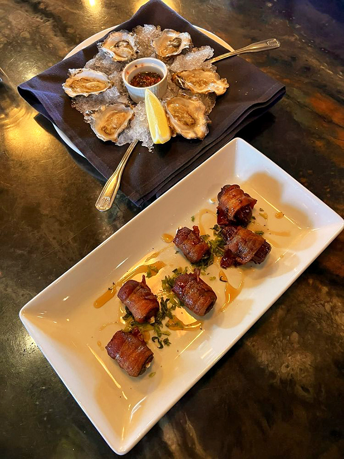 These Kachemak Bay oysters on ice with bacon-wrapped dates below are the ocean-meets-land romance story I didn't know I needed in my life.