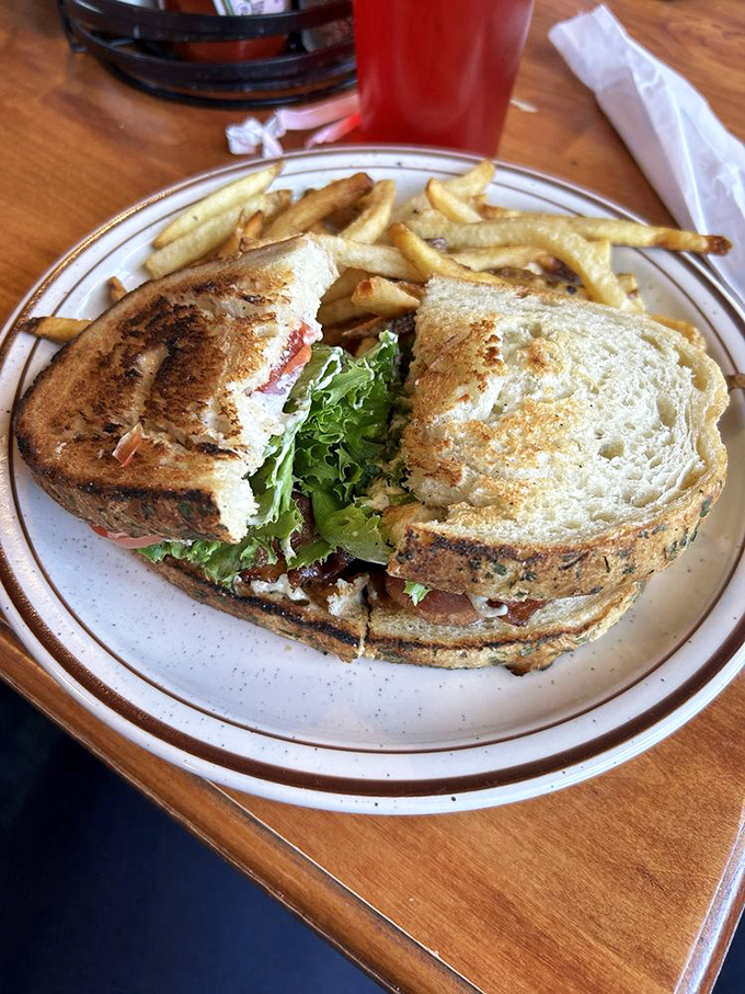 This BLT is bringing home the bacon... and then some! Crispy, golden fries on the side make for a dynamic duo of diner delights.