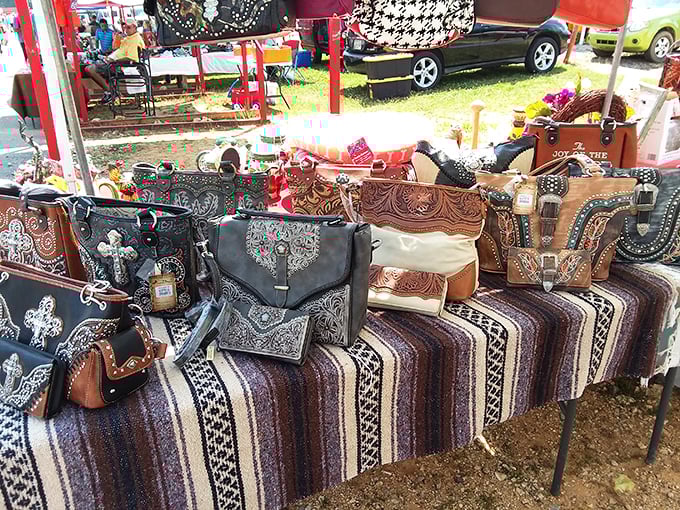 Bag lady's paradise! From cowgirl chic to biker bold, these purses are like wearable works of art. It's amazing how many personalities can hang from a single table.