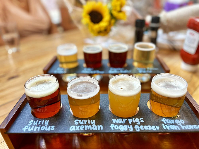 A flight of fancy! These beer samples are like a liquid tour of flavor town. From "Surly Furious" to "Foggy Geezer," it's a hoppy adventure.
