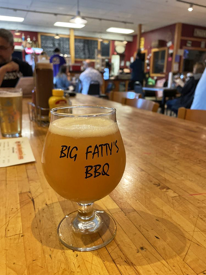 Cheers to good eats! Nothing washes down BBQ quite like a cold one in Big Fatty's own glass - it's like a hug for your hand.