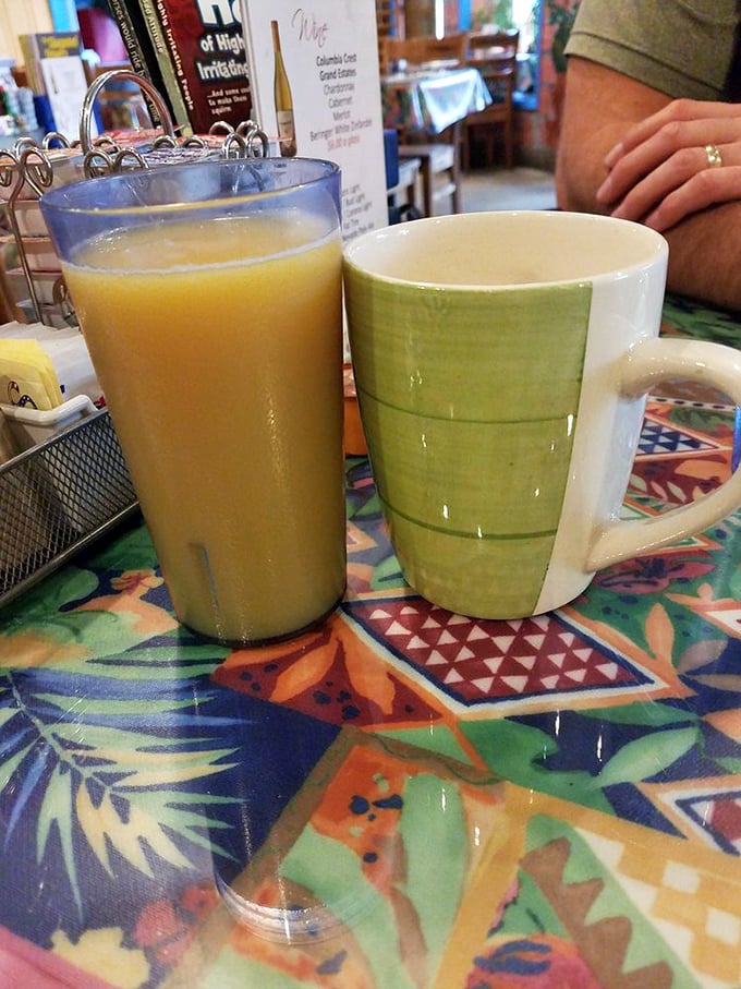 Orange juice bright as Nevada sunshine alongside coffee in a mug that's seen thousands of morning revelations and "aha" moments.