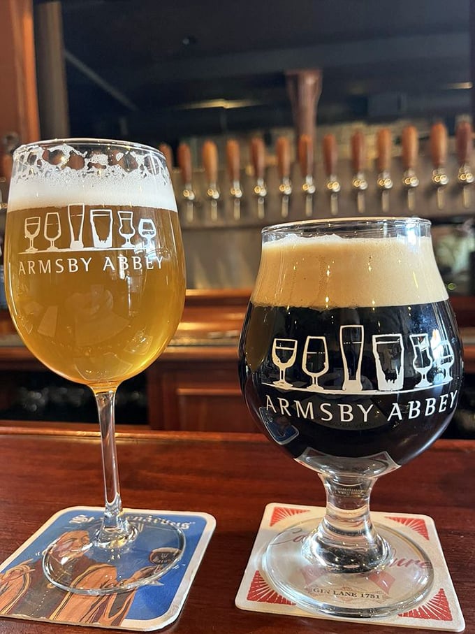 Craft beer paradise in glassware that respects the brew. One light, one dark &ndash; like choosing between sunshine and moonlight, both equally enchanting.