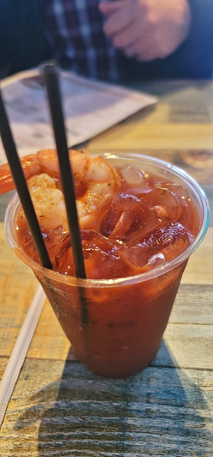 The Bloody Mary that bites back! This spicy concoction is garnished with enough shrimp to qualify as an appetizer. Talk about efficient drinking!