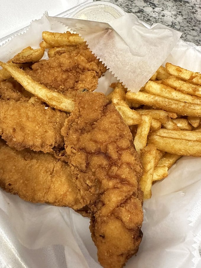 Chicken tenders and fries: The dynamic duo of comfort food. It's like a warm hug for your stomach.