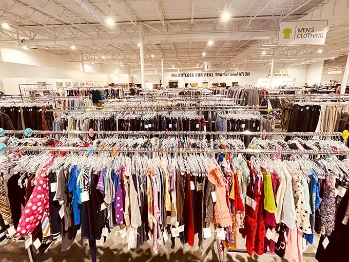 Racks upon racks of clothing offer everything from casual tees to forgotten designer gems, all organized with surprising precision.