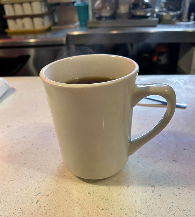 The elixir of life, served in a no-nonsense mug. This coffee doesn't need fancy latte art &ndash; it lets its flavor do the talking.