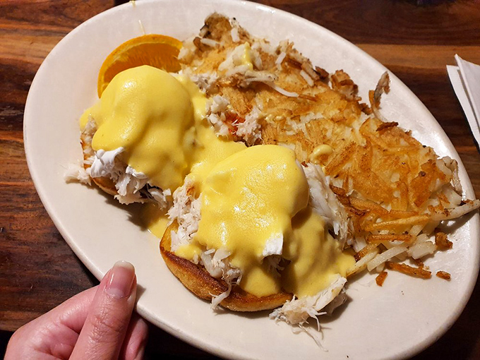 Crab Hollandaise: where brunch meets the beach! These eggs Benedict have gone coastal, topped with crab so fresh, it might just start tap dancing on your plate.