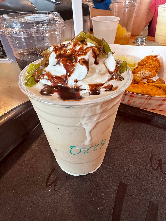 Not just any milkshake &ndash; a Sparky's special topped with green chiles and chocolate. Desert ingenuity at its most deliciously daring.