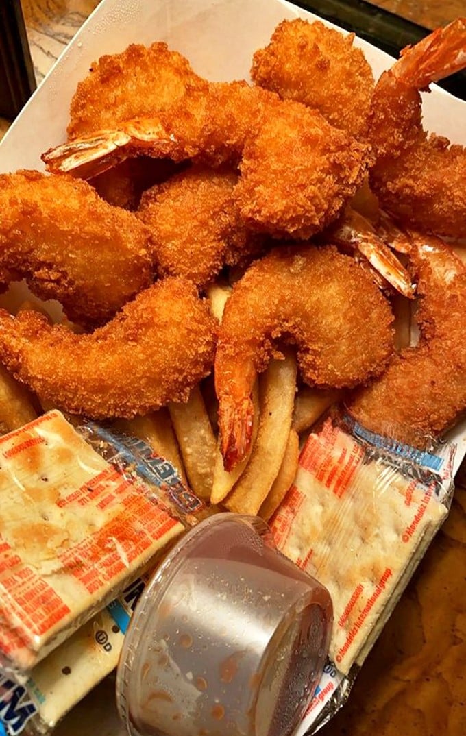 Golden-fried shrimp that crunch louder than your dad in potato chip commercials. A crispy, juicy treasure from the barbecue sea.