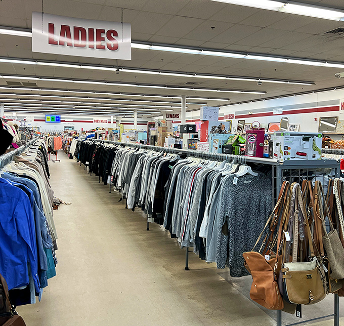 "Ladies, start your shopping engines! This clothing section is like a fashion time machine, ready to transport you to any decade."