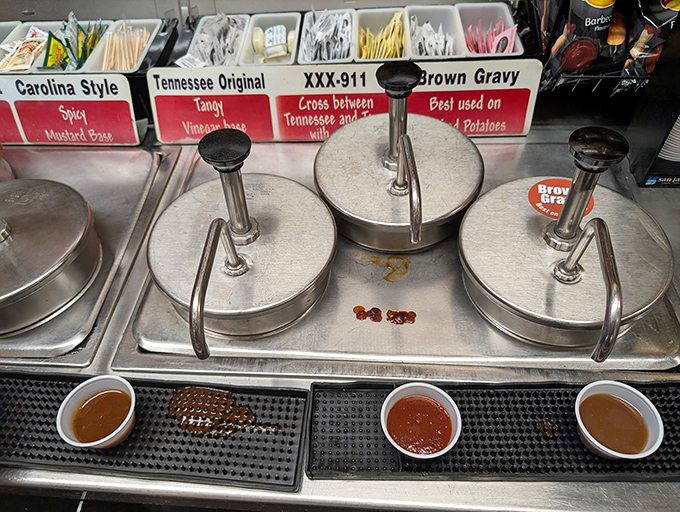 Sauce diplomacy at its finest. From Carolina tang to Tennessee sweet, each pump offers a different path to happiness.