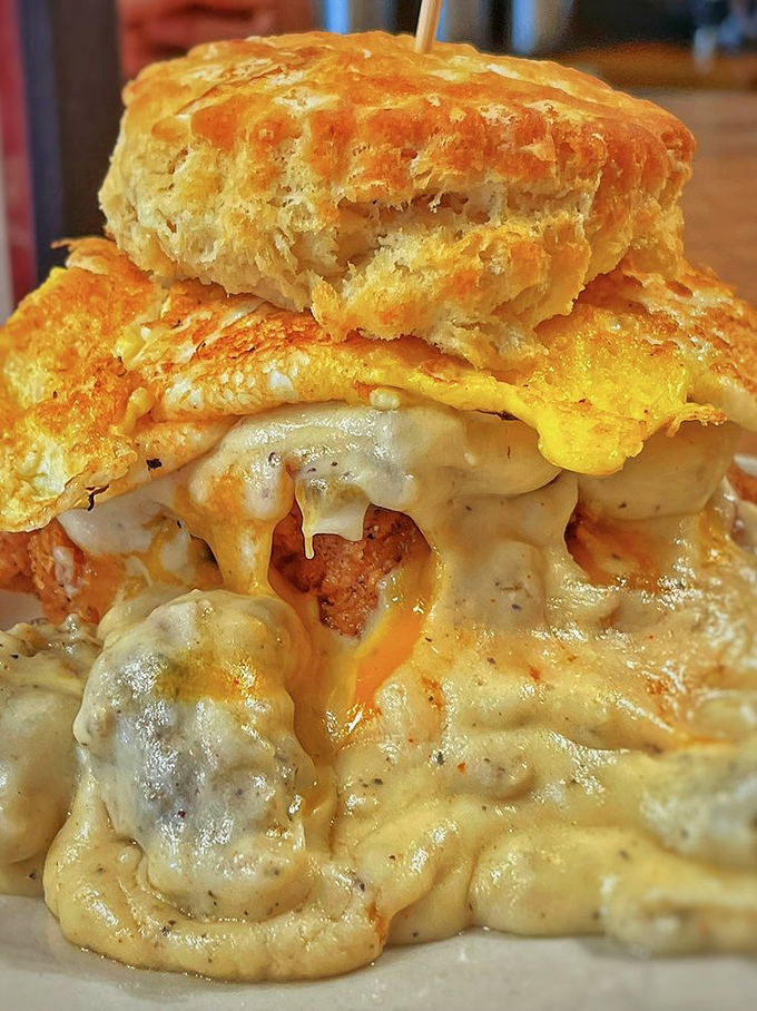 Behold, the "Five and Dime" - a tower of deliciousness that's worth every penny and then some. Napkins required, but totally worth it.