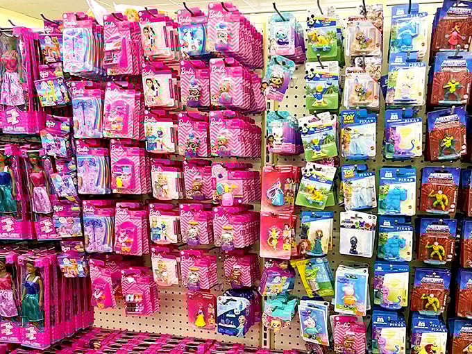 Toy nirvana where childhood dreams come in pink and blue packaging. Disney princesses and action figures coexisting in budget harmony.