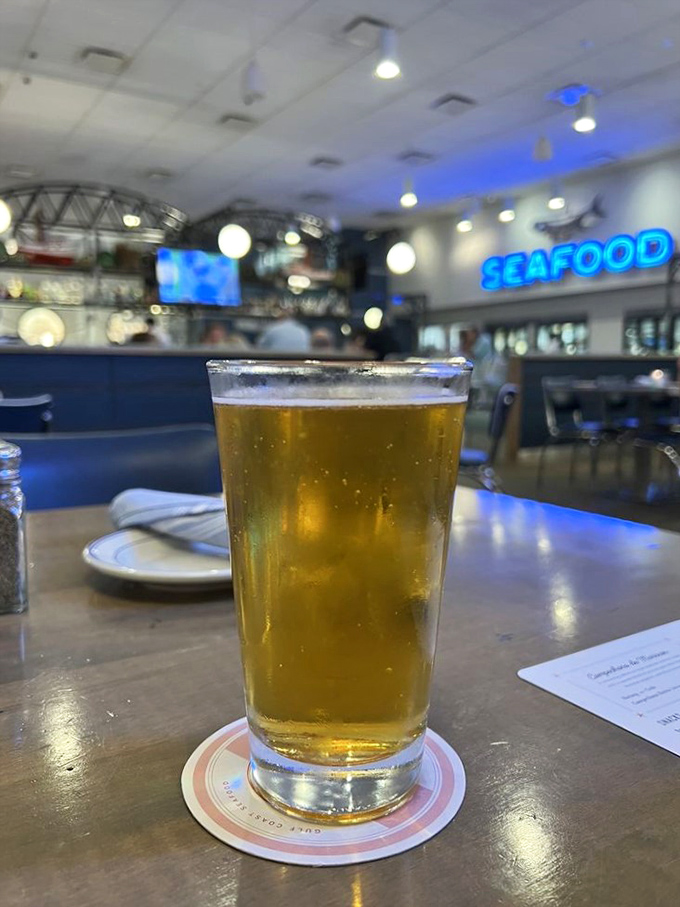 A cold one with a view. This beer is ready to play supporting actor to the seafood stars.