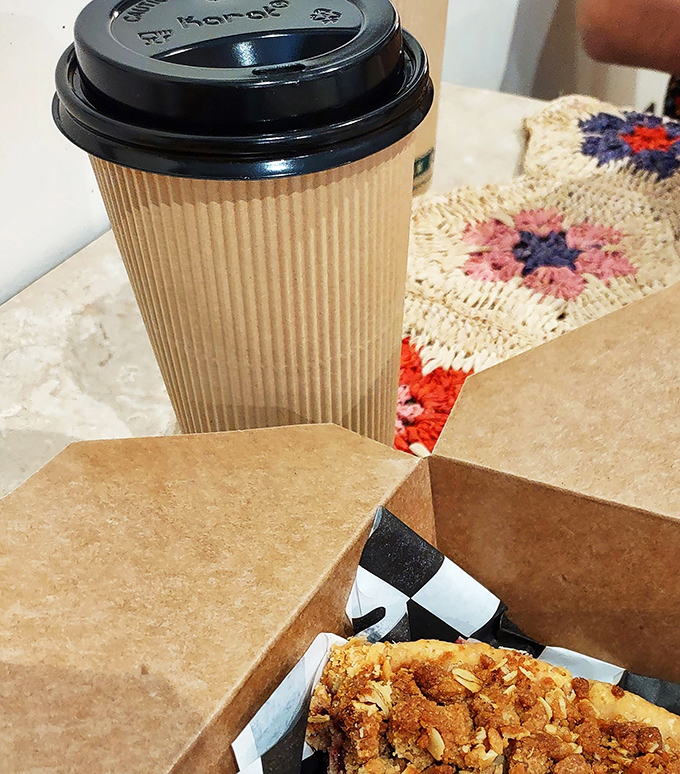 Java jive meets pie perfection! This to-go cup and boxed slice combo is the breakfast of champions (or at least very happy campers).