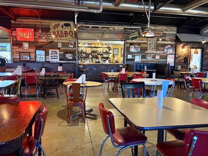 Welcome to barbecue heaven! This cozy dining area is where friendships are forged over shared love of smoky, saucy deliciousness.