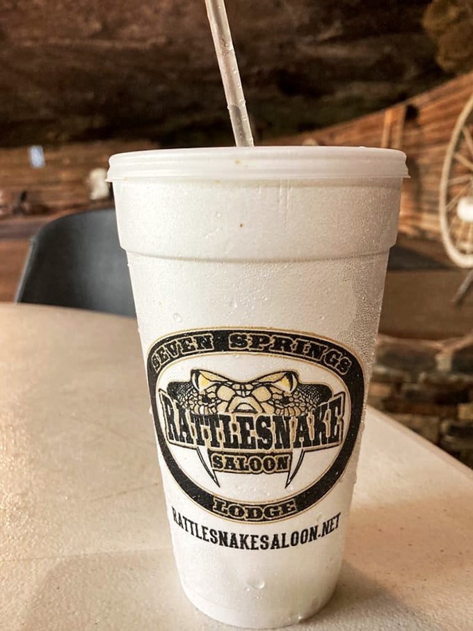 Quench your thirst, cowboy style! This frosty cup bears the saloon's logo &ndash; a souvenir and thirst-quencher all in one.