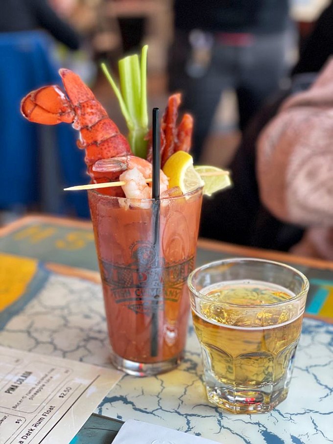 A Bloody Mary that's practically a meal in itself! It's like a garden party and a seafood boil had a delicious liquid baby.