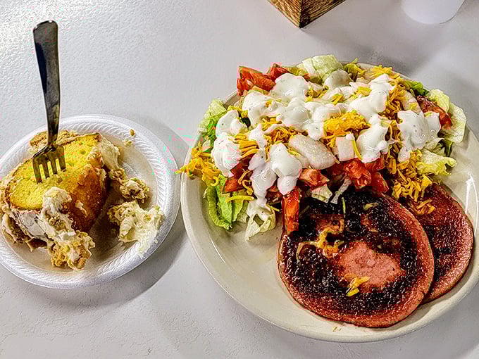 The salad is there for plausible deniability. "Yes, I had vegetables with my bologna slices the size of dinner plates."