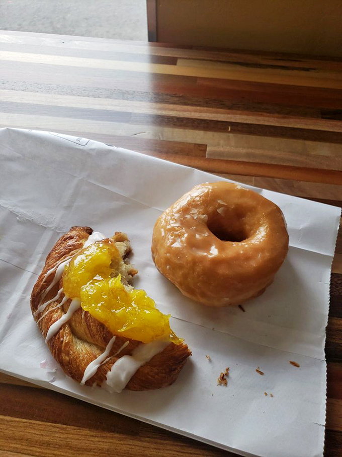 Tropical meets classic! This pineapple Danish and glazed donut duo is like a culinary odd couple - unexpectedly perfect together.