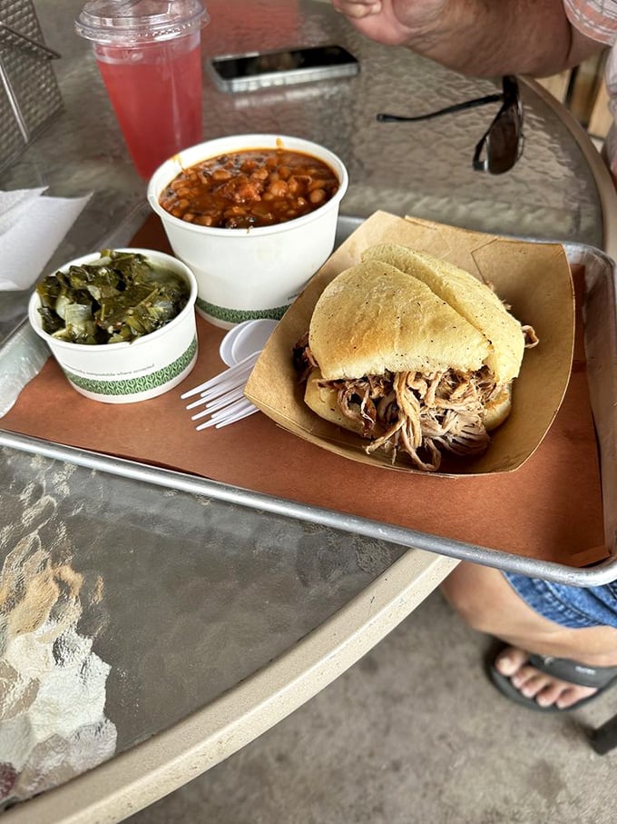 Pulled pork perfection! This sandwich is like a warm, smoky hug for your mouth, complete with tangy slaw and a side of comfort.
