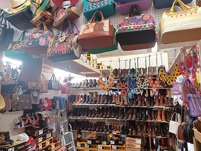 Cowboy boots, colorful handbags, and festive accessories create a three-dimensional Pinterest board of Southwestern style. Rodeo queens, take note!