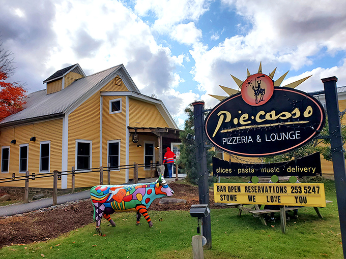 Piecasso: Where pizza becomes art. This yellow cottage serves up slices more colorful than Vermont's fall foliage.