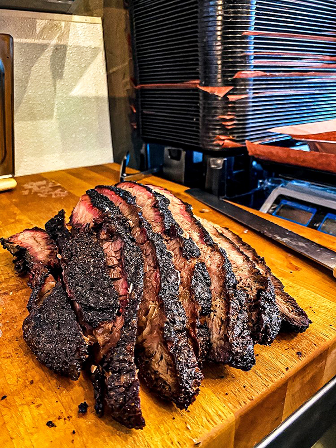 Brisket slices so perfect, they could be in a barbecue beauty pageant. The smoke ring is their well-deserved crown.