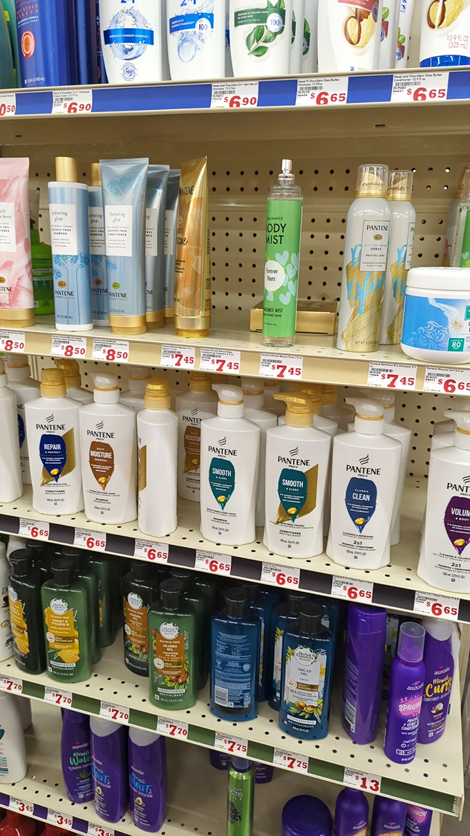 Name-brand hair products without the salon markup. Pantene for $6.65 is like finding designer jeans at a yard sale.