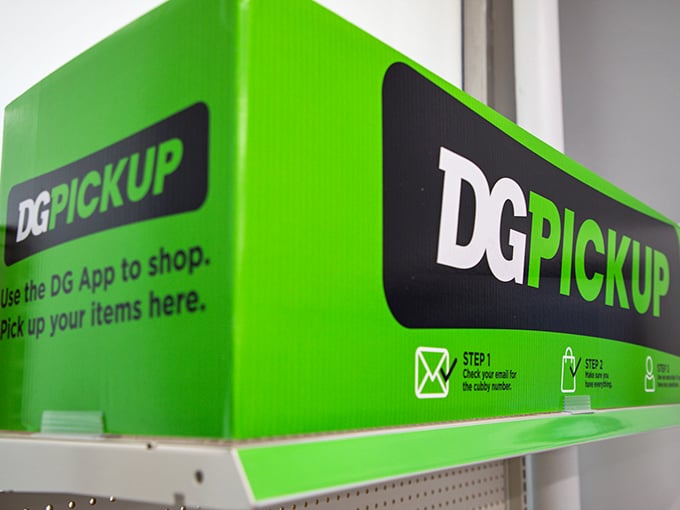 The bright green DG Pickup box represents Dollar General's leap into the digital age&mdash;convenience meets savings in this modern twist on discount shopping.
