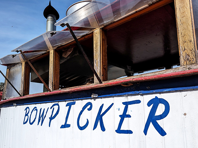 "Bowpicker" in blue: A name that promises nautical nostalgia and delivers deep-fried delights to eager seafood seekers.