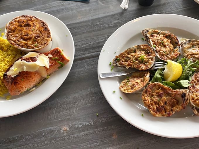 Salmon dinner with all the fixings &ndash; it's like a greatest hits album for your plate. Don't forget to give a standing ovation to that crispy skin!