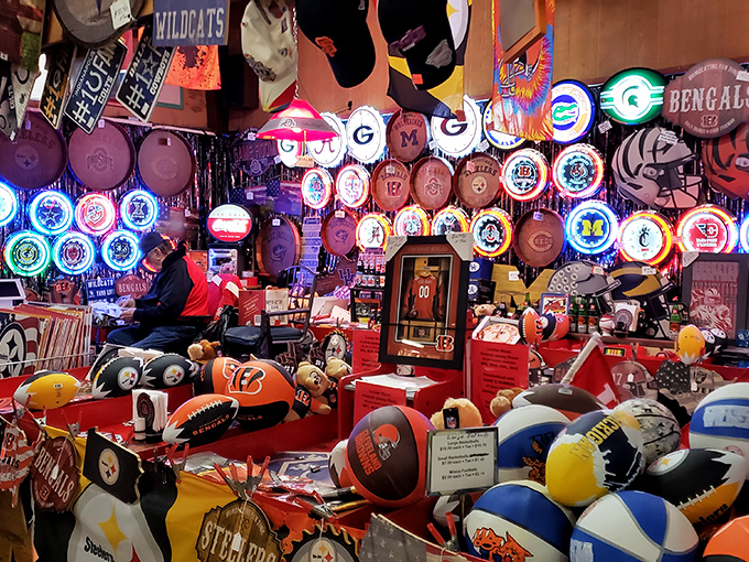 Sports memorabilia nirvana&mdash;where Cincinnati Reds fans and Bengals devotees can find their tribe among illuminated team logos and collectibles.