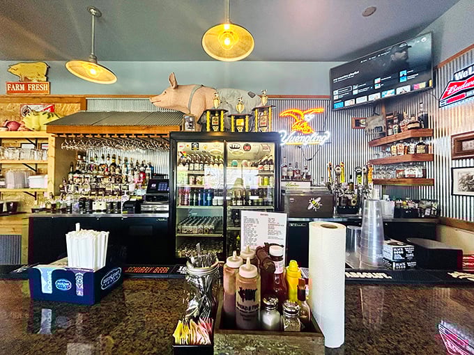 The bar area doubles as a trophy case for barbecue victories. That pig decoration watching over the proceedings knows what's up.