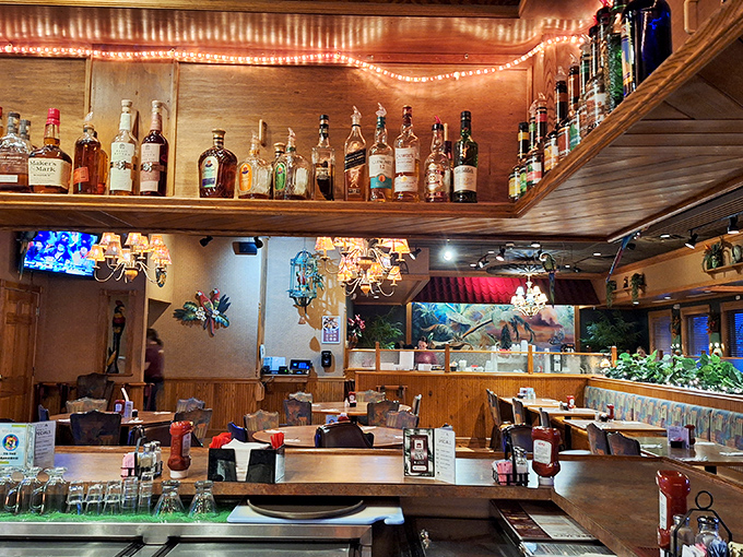 Bottles, bottles everywhere, and plenty of drops to drink! This bar is stocked better than your cool uncle's liquor cabinet.