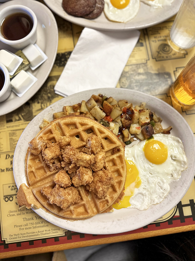 Chicken and Waffles: the breakfast equivalent of a mullet - business on the bottom, party on top.