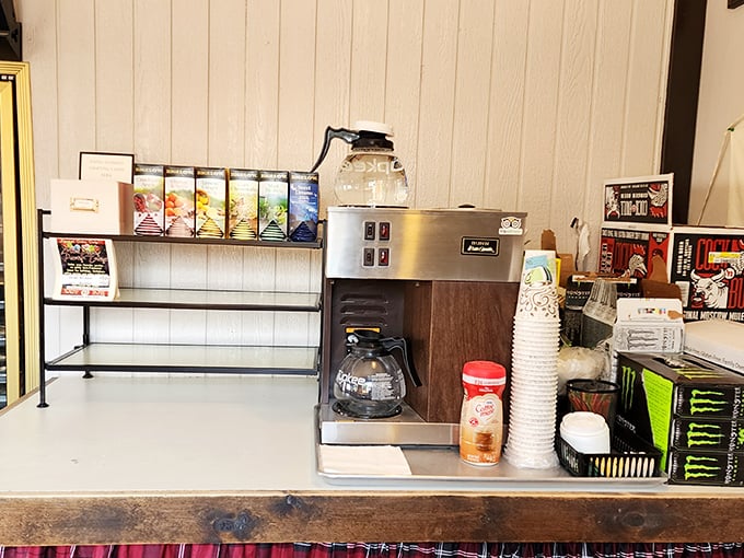Coffee station or liquid life support? Either way, this caffeine corner is where morning grouches transform into functioning humans.